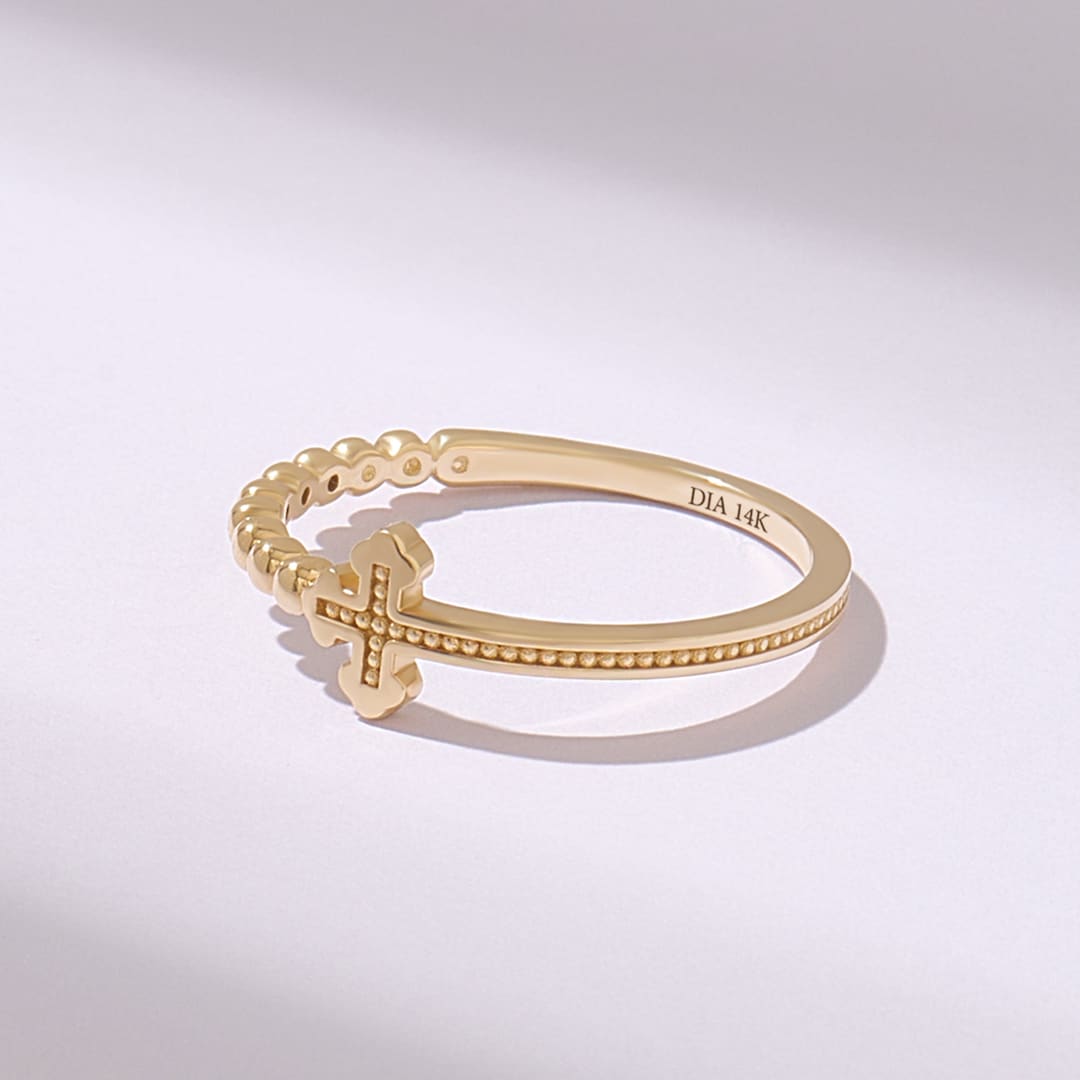 14k Solid Gold Cross Ring, Minimalist Beaded Band Ring, Womens ...