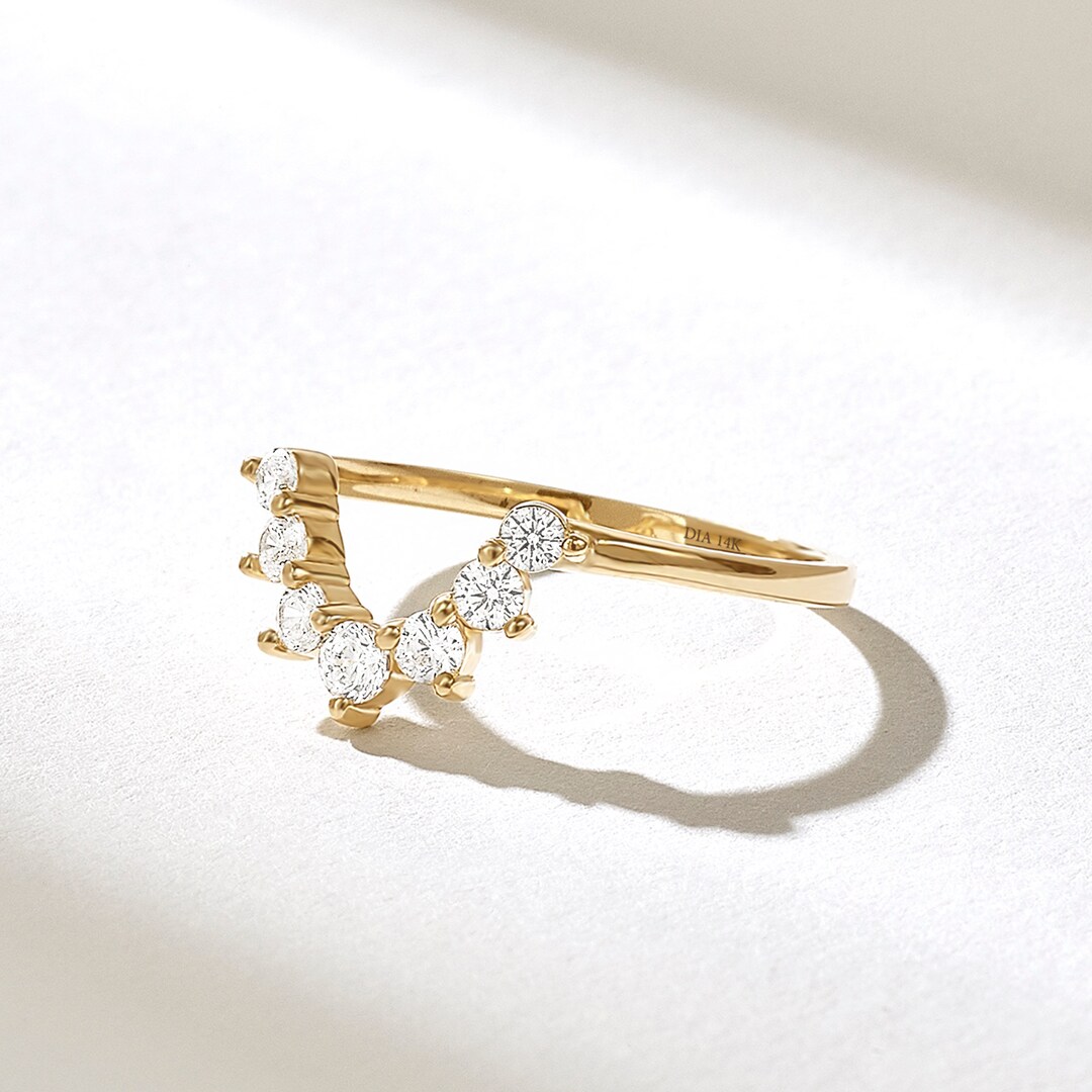 Pave Diamond Nesting Ring 14k 18k 10k Solid Gold Curved Wedding Ring V ...