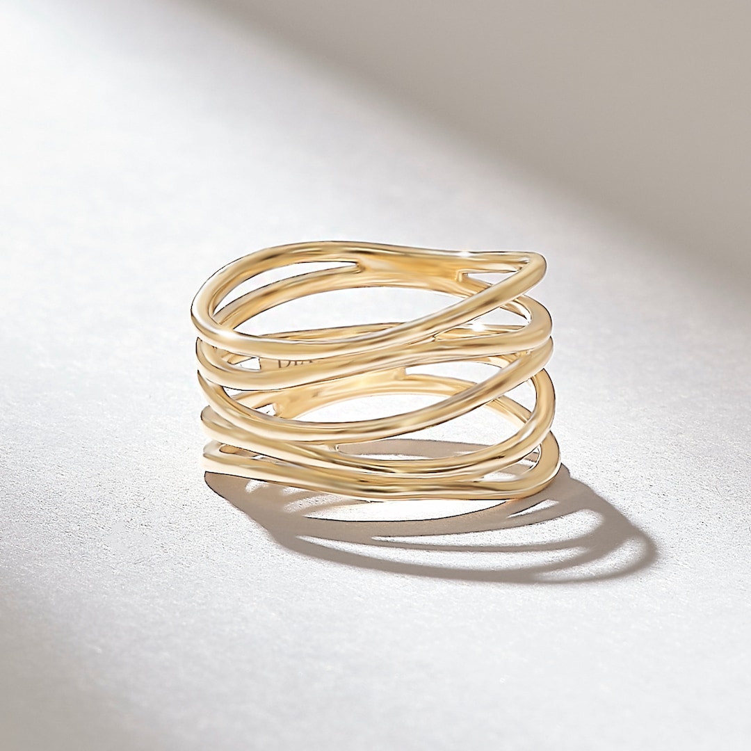 14k Solid Gold Wire Ring, Minimalist Abstract Statement Band for Women ...