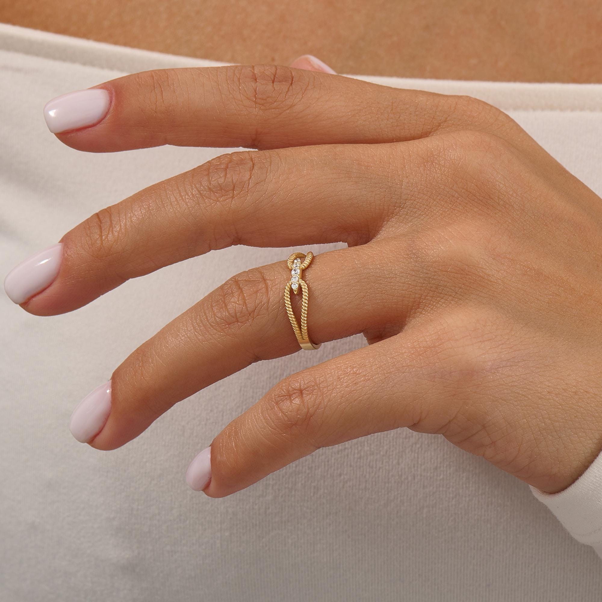 14k Solid Gold Diamond Twisted Rope Ring, Dainty Statement Band for ...