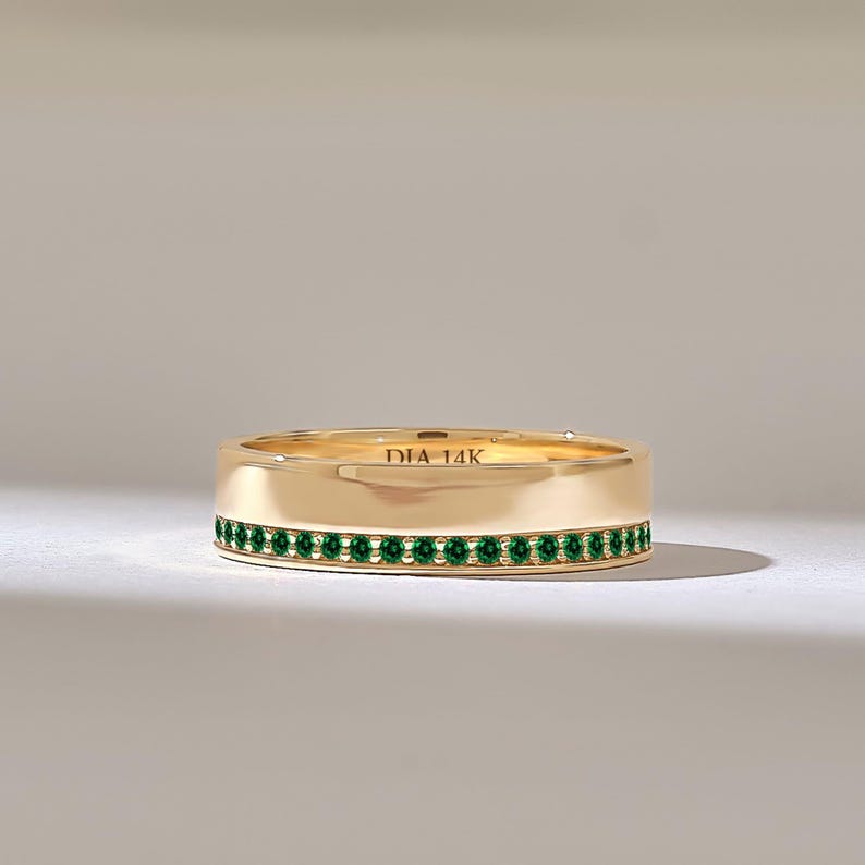 Emerald Wedding Band in 14k Solid Gold – One Side Pave Emerald Ring - Etsy