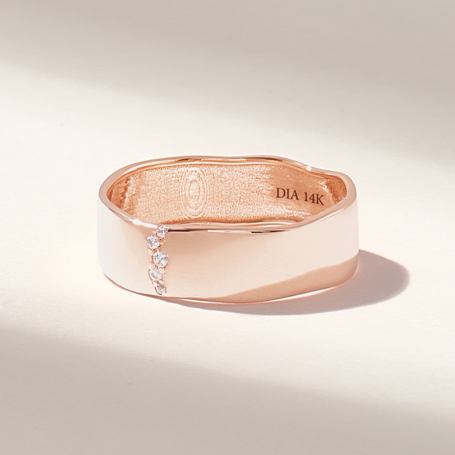 14k Gold Wavy Wedding Band, Solid Gold Line Pave Ring, Tiny Diamond ...