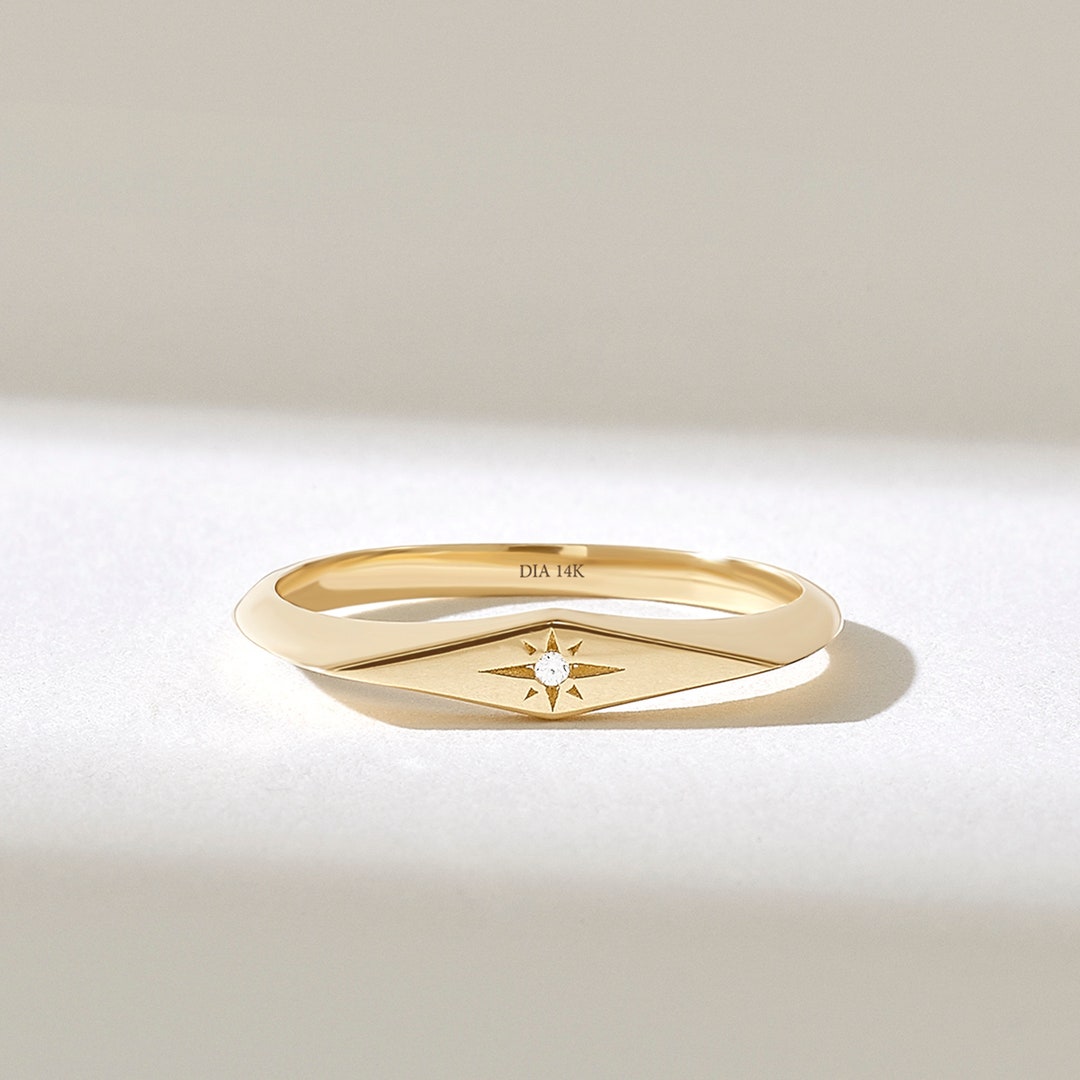 14k Solid Gold Pinky Signet Ring for Women, Star Diamond Rhombus Design ...