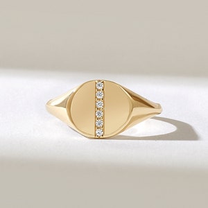 Pave Diamond Line Signet Ring 14k 18k 10k Solid Gold Pinky Ring Flat Top Signet Ring Women Dome ...
