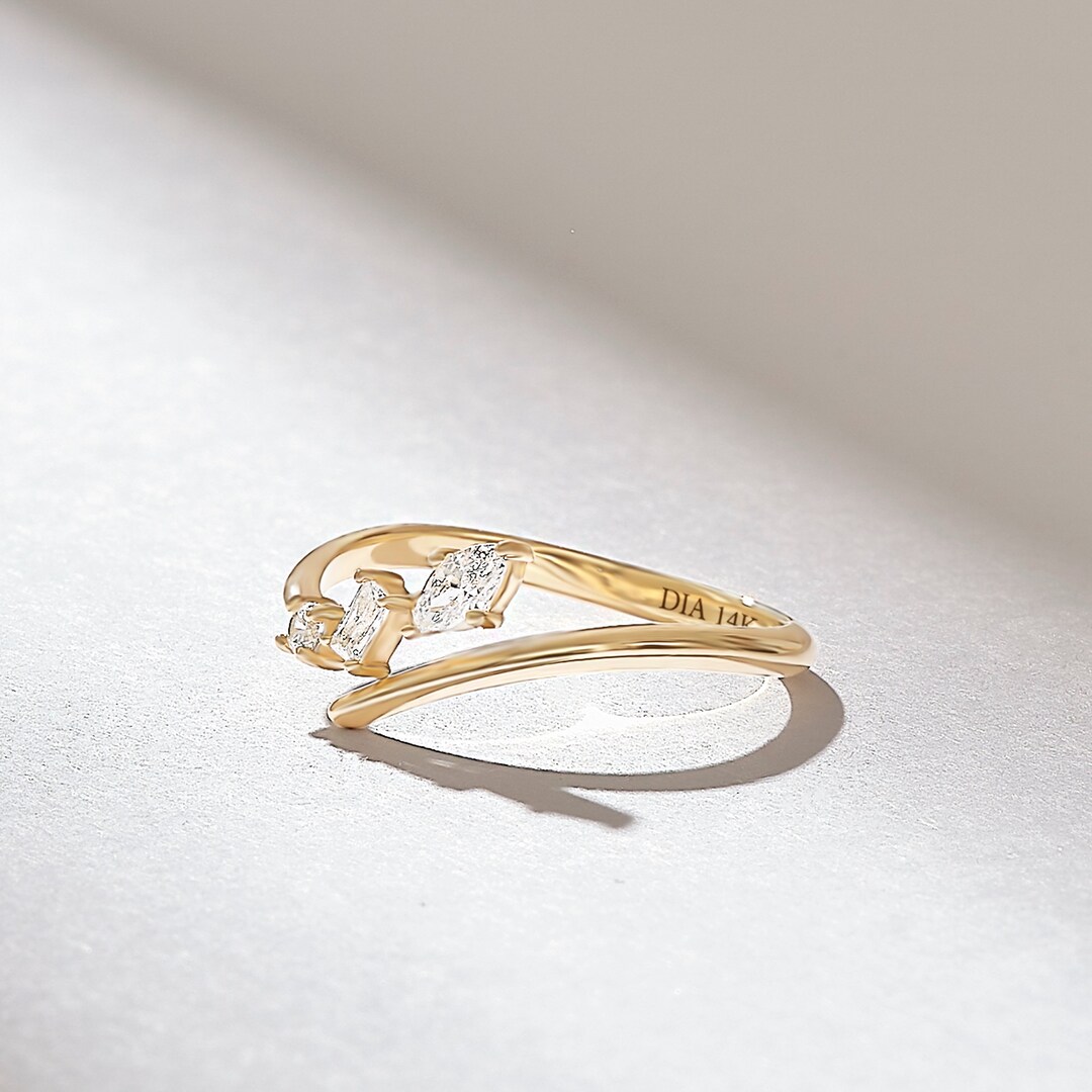 Diamond Bypass Ring 14k Solid Gold Curved Wedding Band Marquise ...
