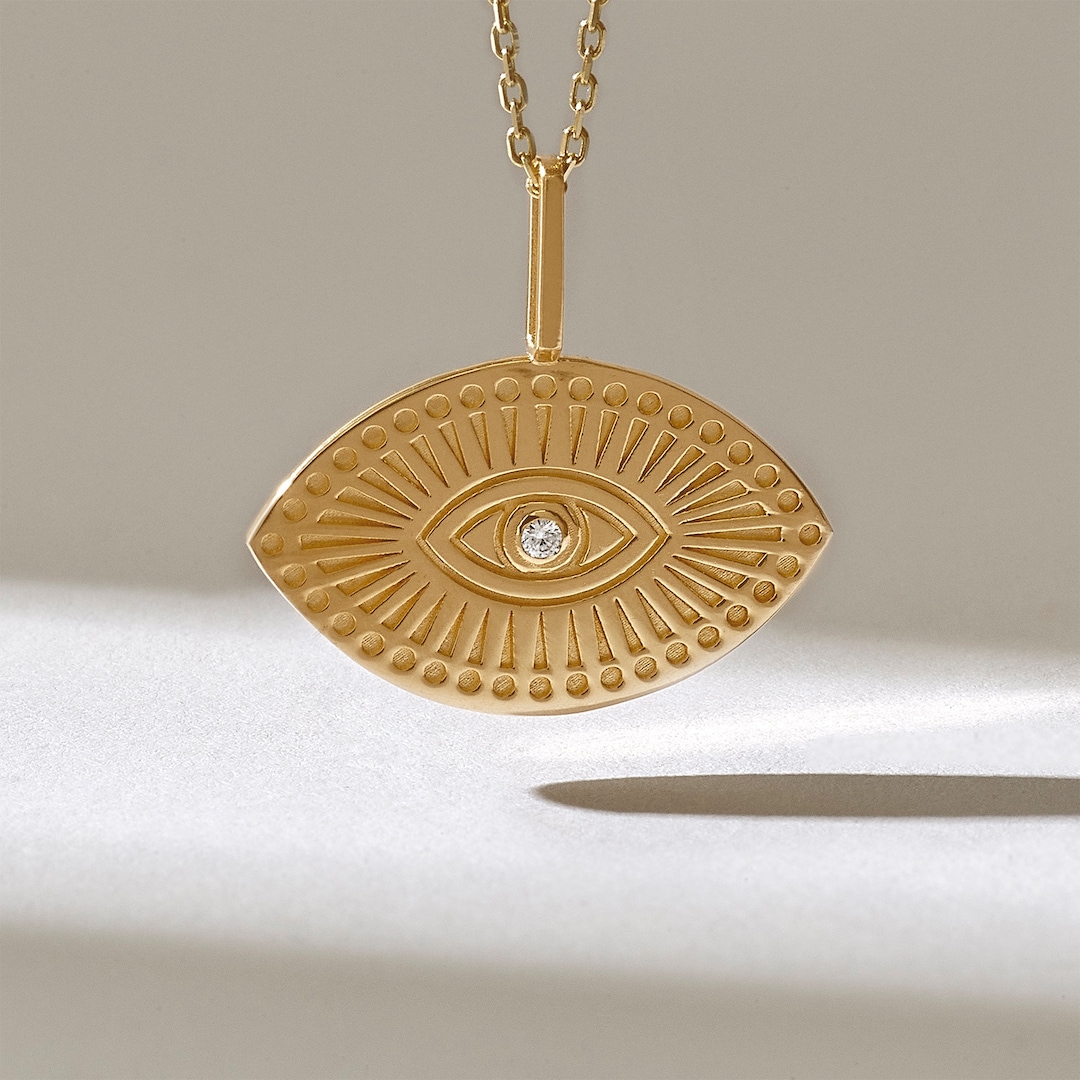 Diamond Evil Eye Pendant Necklace, Solid Gold Third Eye Necklace ...