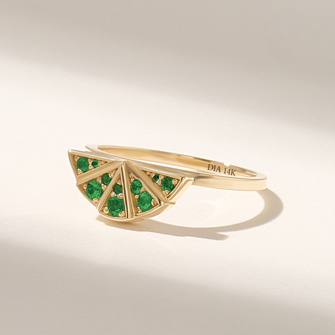 14k Gold Pave Emerald Ring, Solid Gold Boho Statement Ring, Green Half ...
