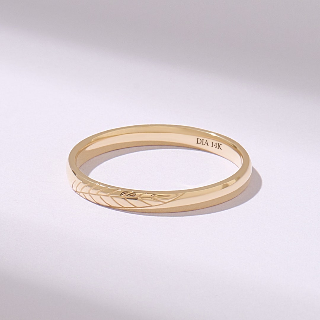 14k Gold Leaf Engraved Wedding Band, Solid Gold Plain Cute Wedding Ring ...