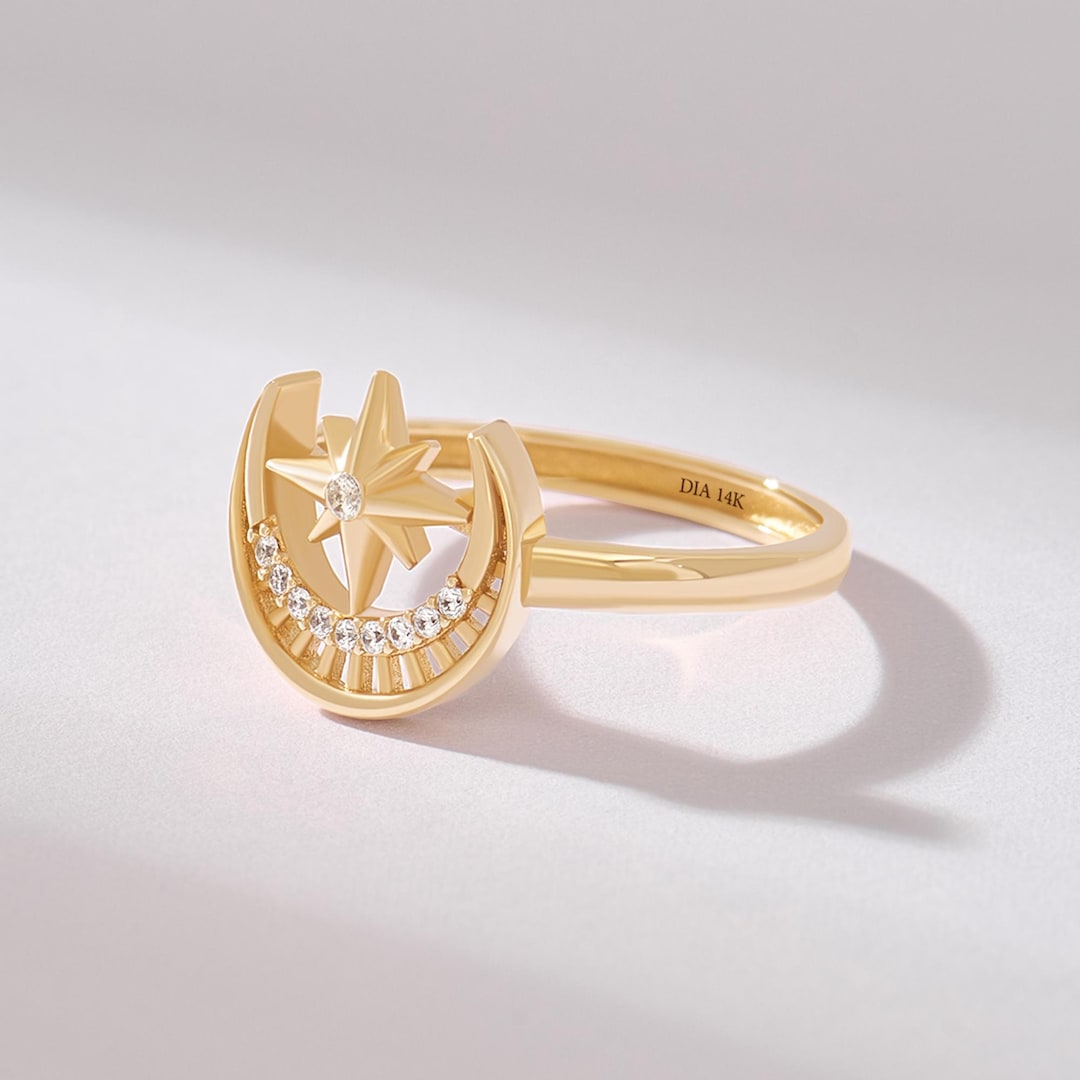 14K Solid Gold Moon and Star Diamond Ring for Women, Celestial Jewelry ...