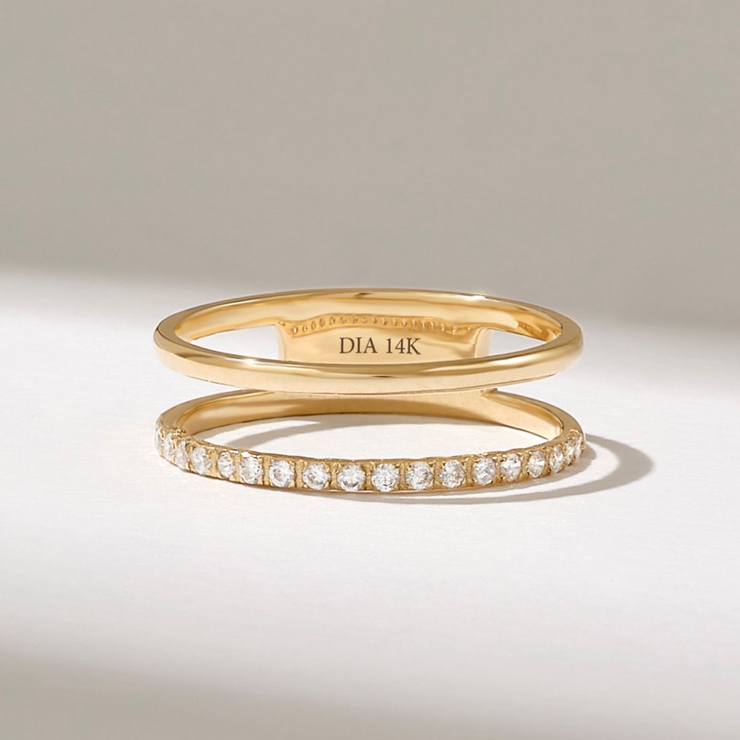 Diamond Double Band Wedding Ring, Solid Gold Half Eternity Ring, Womens ...