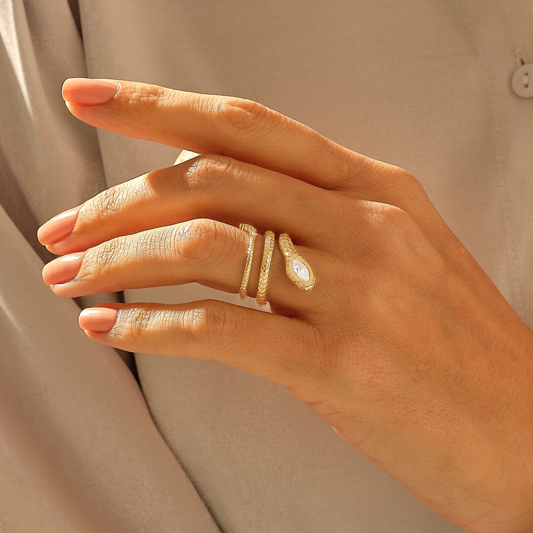 14k Gold Snake Ring Diamond Statement Ring Solid Gold Wrap Around Ring With Marquise Diamond ...