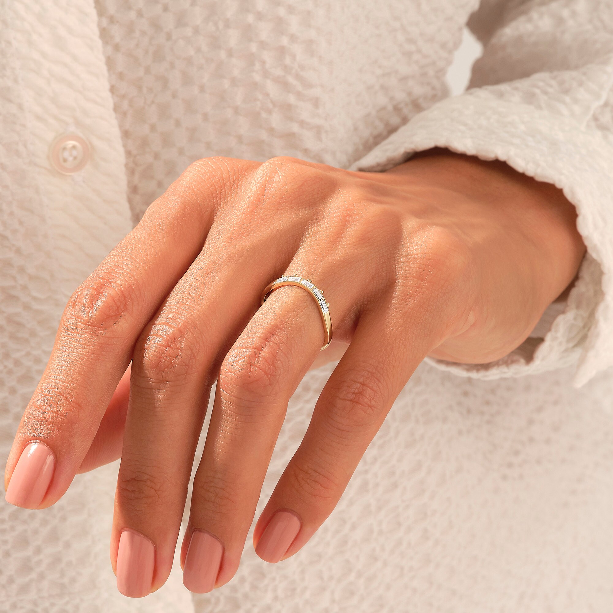Baguette Diamond Curved Wedding Band, 14k Solid Gold Contour Ring for ...