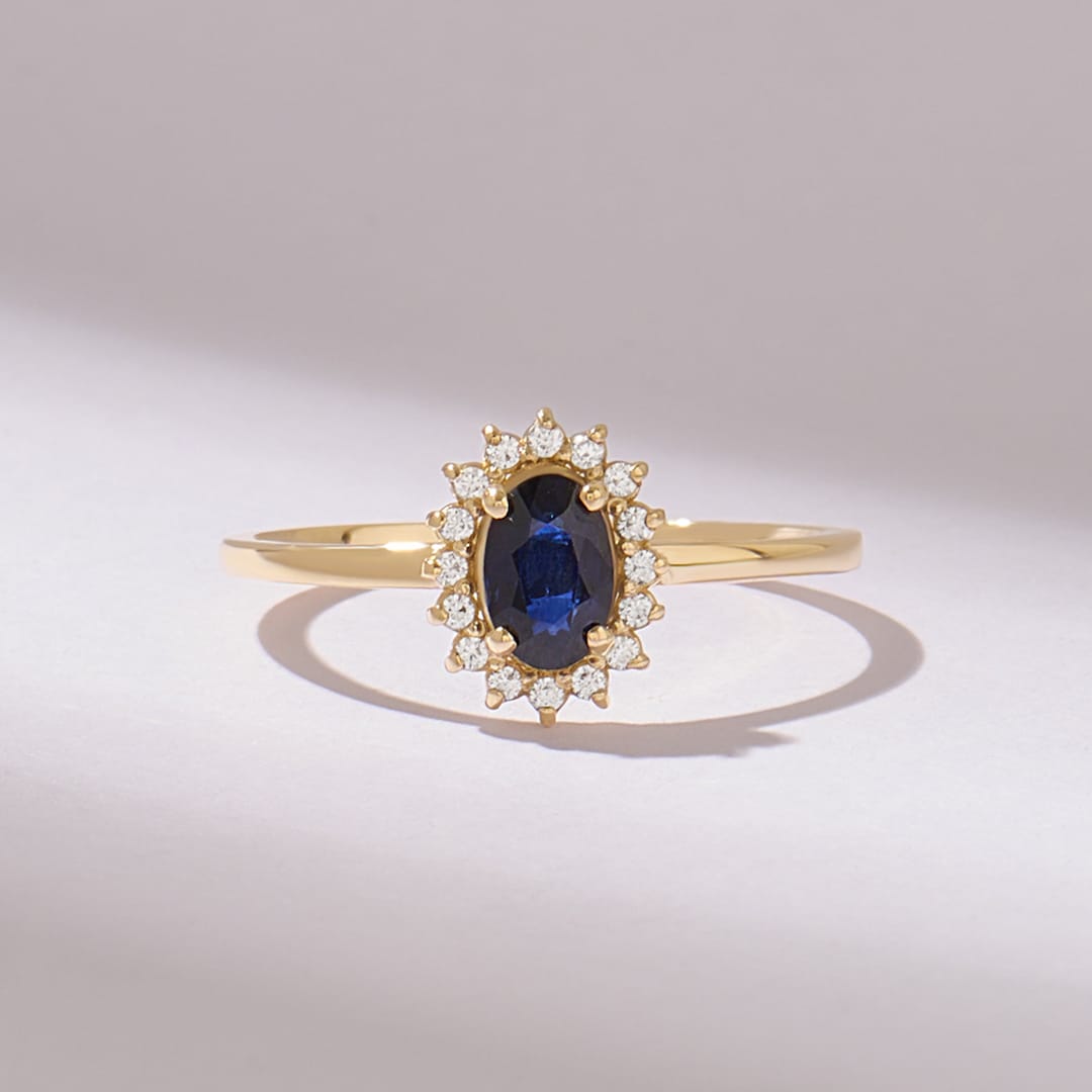 Oval Sapphire Halo Diamond Ring, 14k Solid Gold Accented Engagement Ring Women, Navy Blue ...