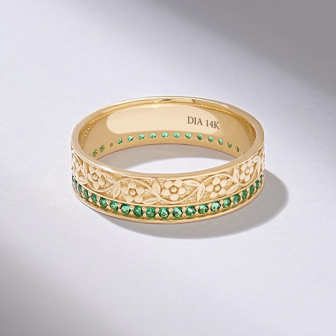 Emerald Pave Eternity Ring, Solid Gold Floral Wedding Band, Flower ...