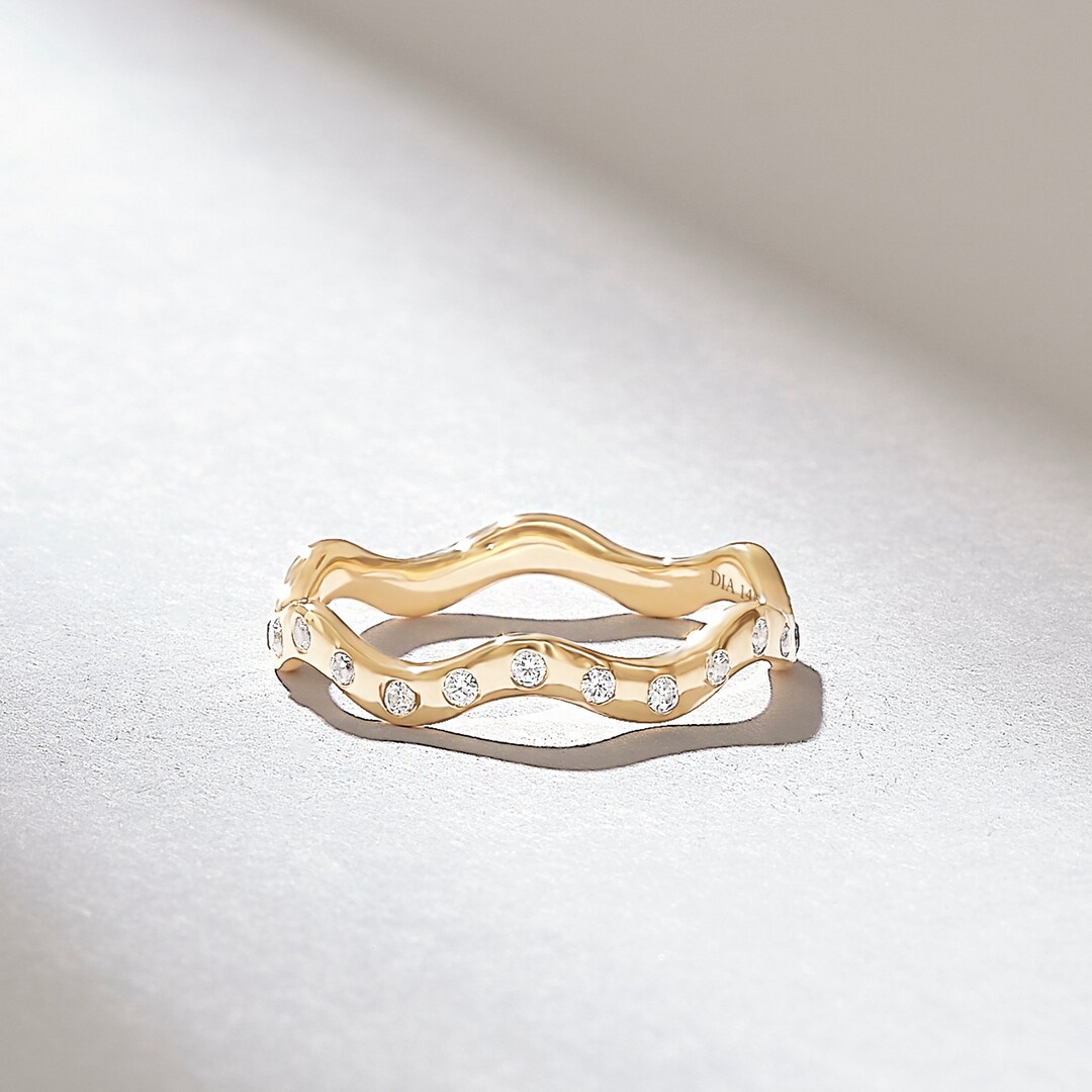 Solid Gold Diamond Wave Ring Women Flush Set Wedding Band 14k Gold Ups and Downs Ring Minimalist ...
