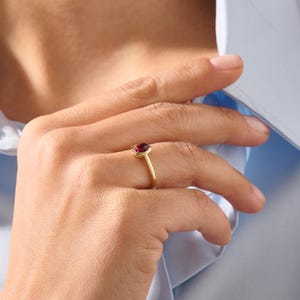 14k Solid Gold Red Tourmaline Solitaire Ring, Bezel Set Gemstone Pinky or Promise Ring, Dainty ...