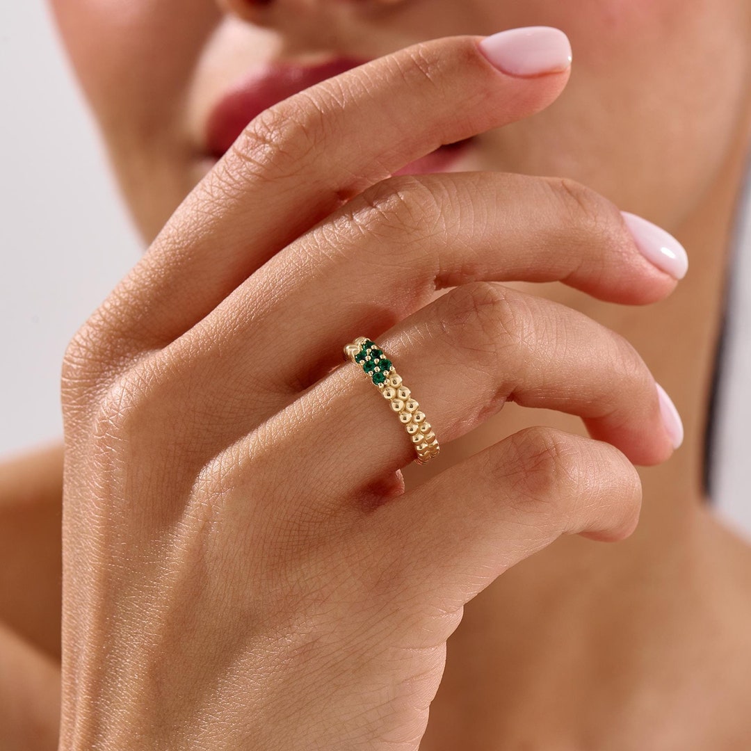 Solid Gold Dot Ring 14k Gold Beaded Ring Women Minimalist Emerald Ring ...