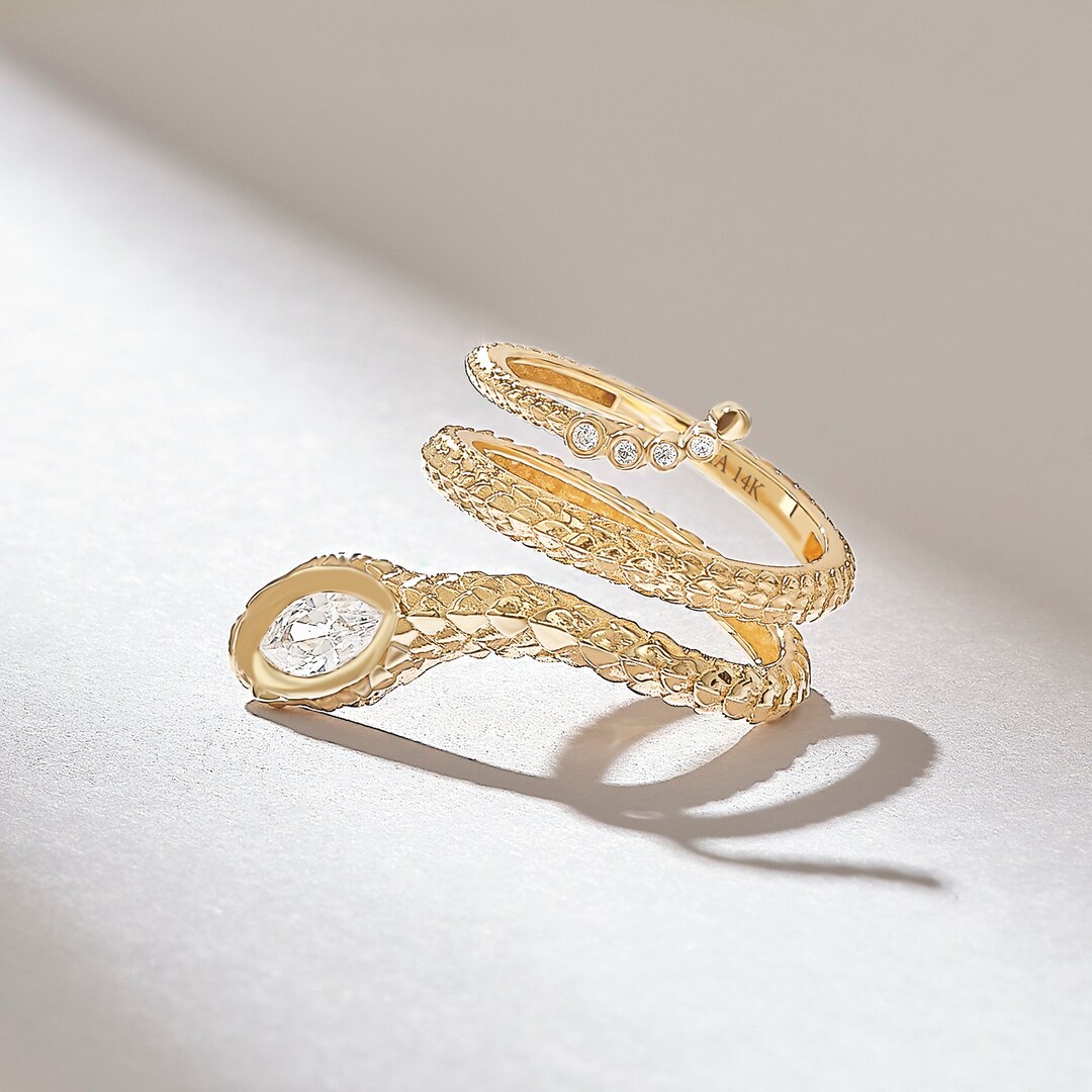 Marquise Diamond Snake Ring Unique Serpent Ring 14k Solid Gold Wrap Around Animal Ring Ouroboros ...