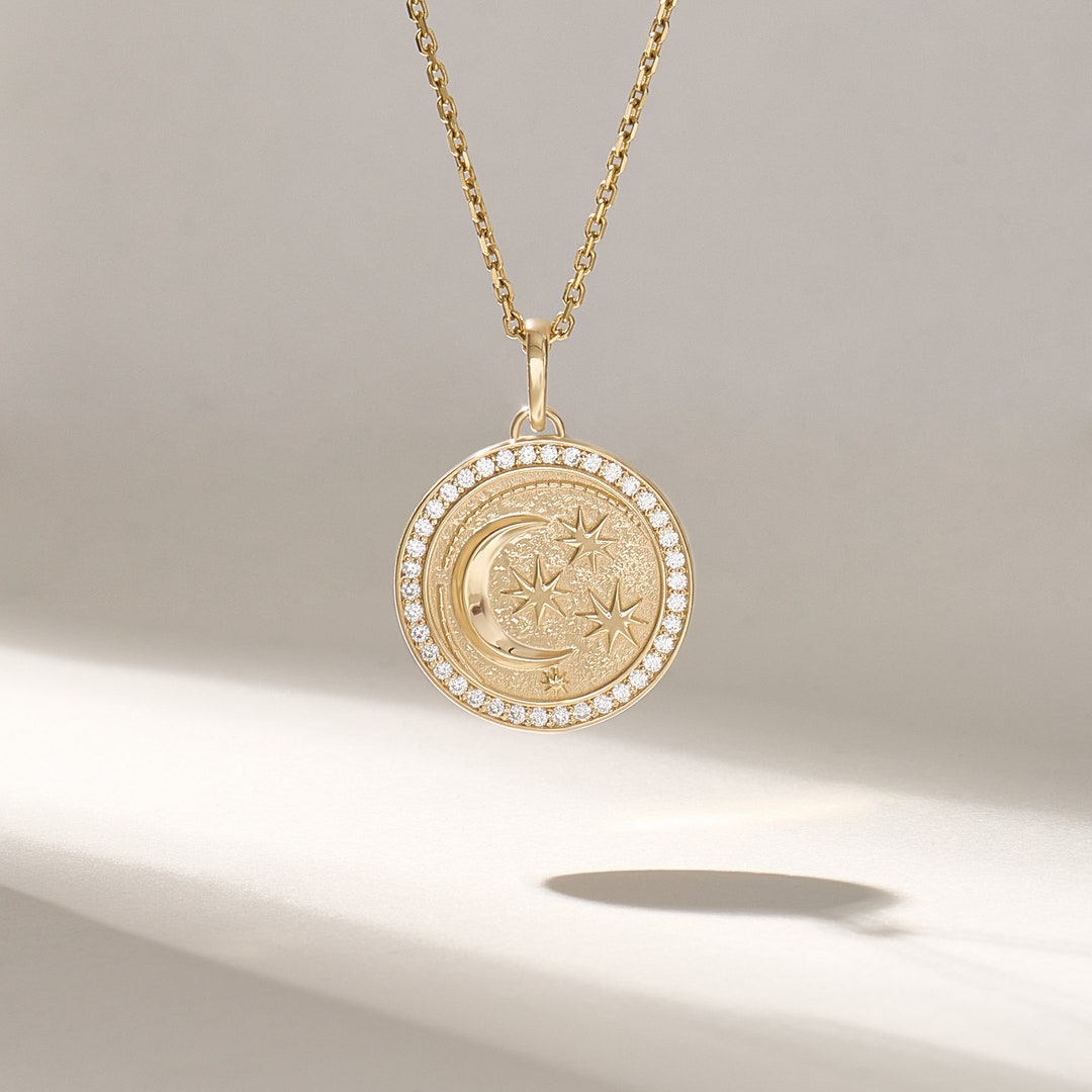 Moon & Stars Circle Charm Necklace, 14k Solid Yellow Gold Coin Pendant ...