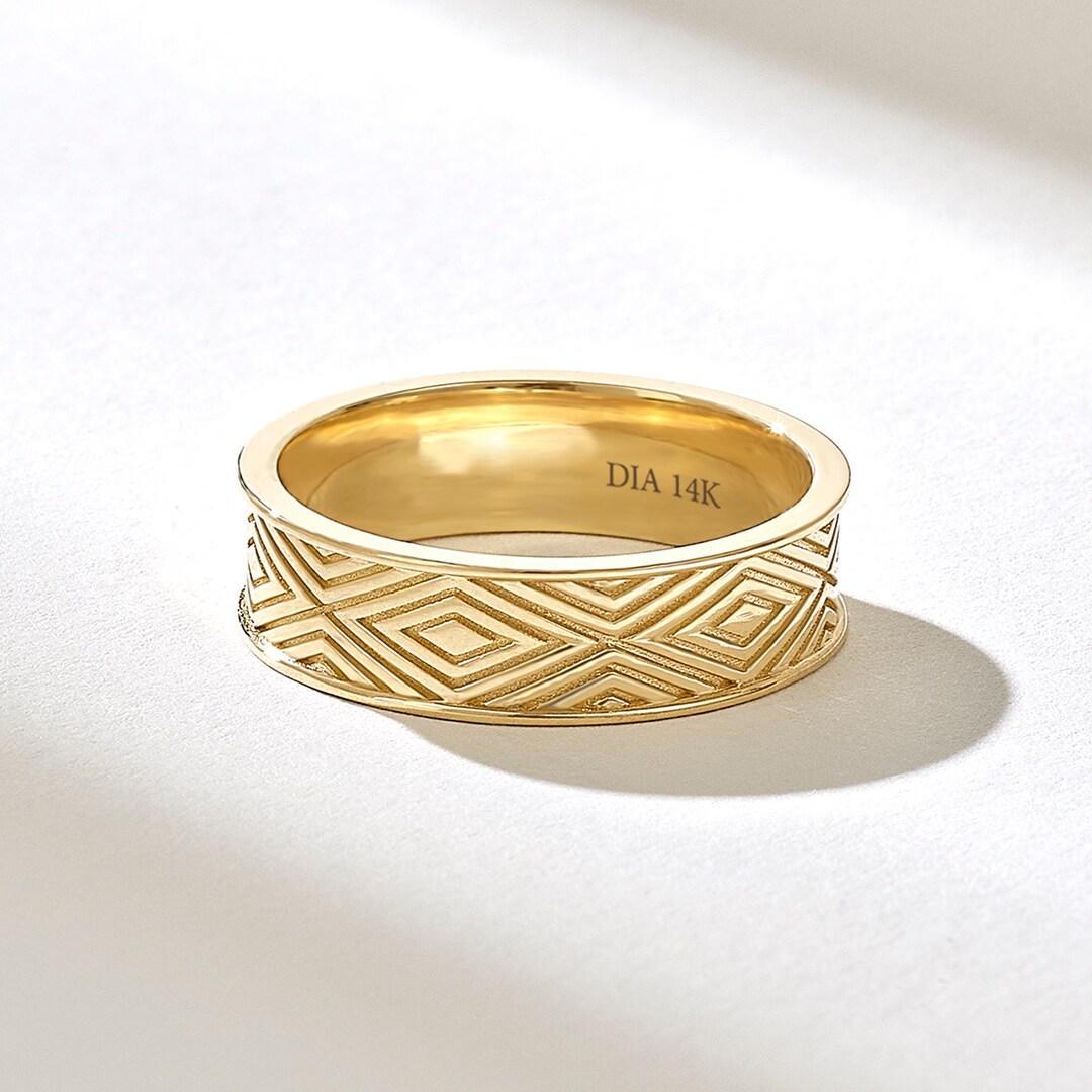 14K Gold Patterned Wedding Band, Solid Gold Wide Band Marriage Ring ...