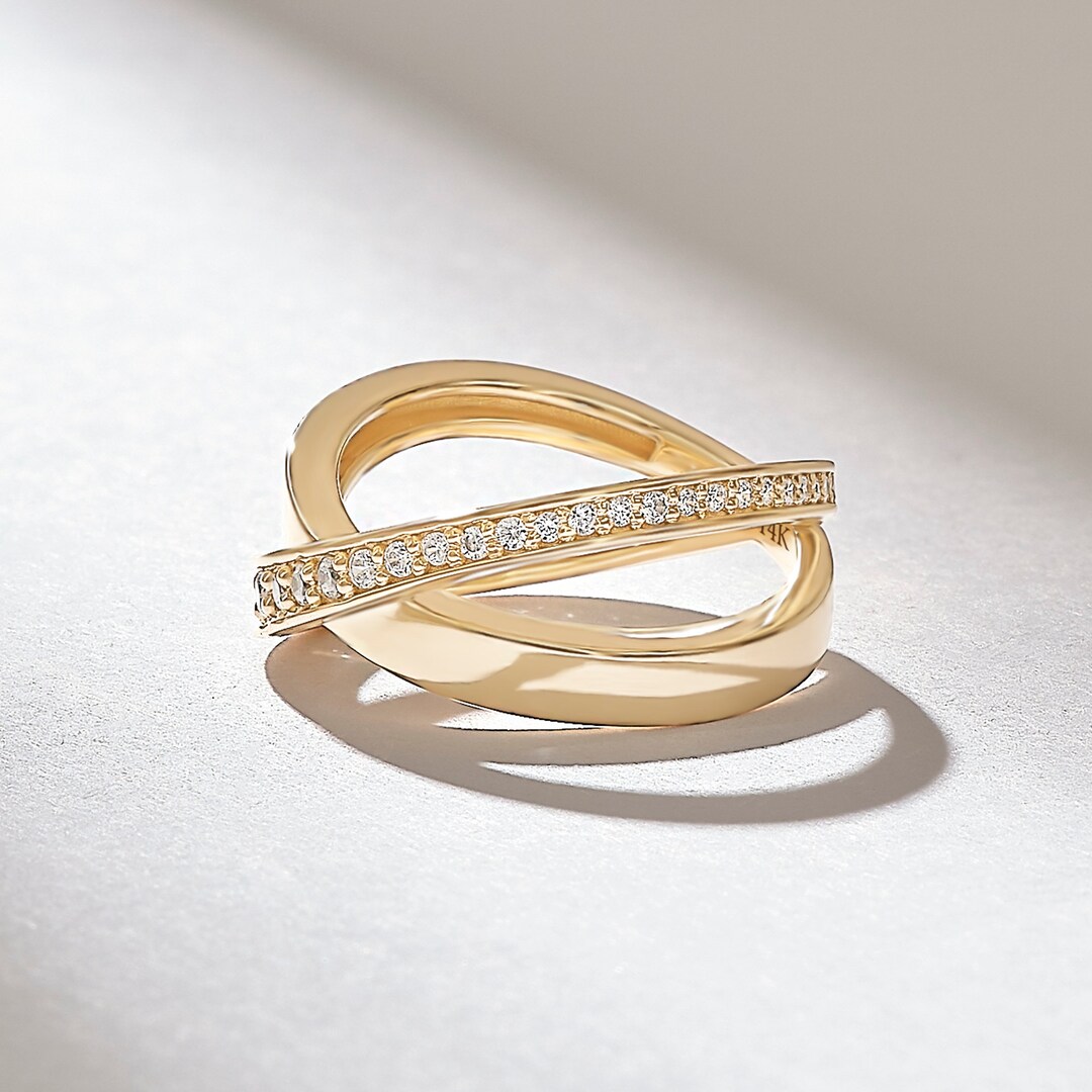 Thick Band X Crossover Ring | Pave Diamond Statement Ring in 14k 18k ...