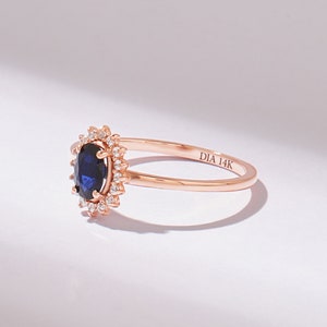 Oval Sapphire Halo Diamond Ring, 14k Solid Gold Accented Engagement ...