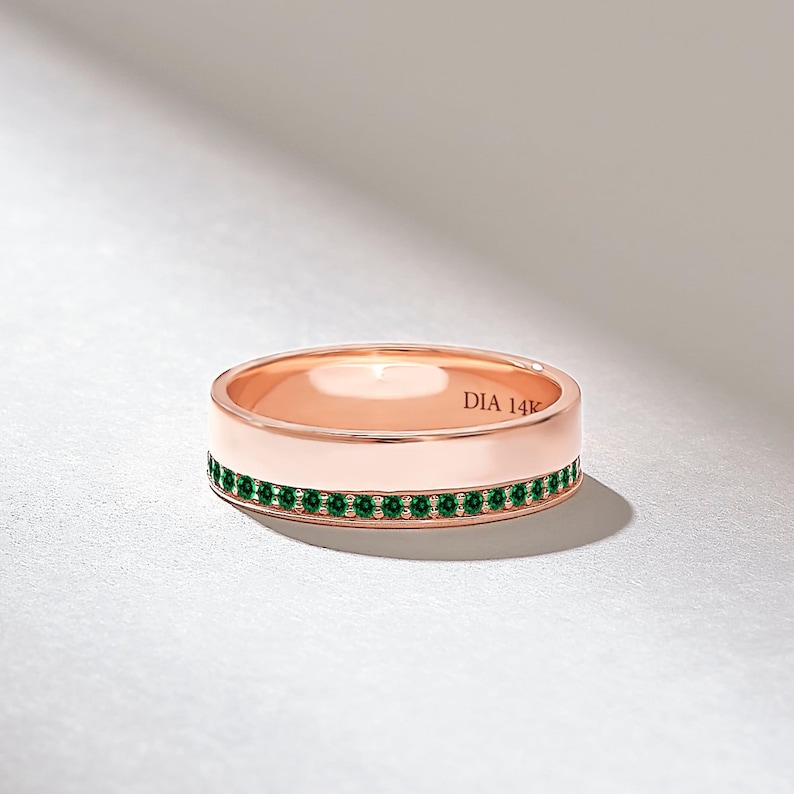 Emerald Wedding Band in 14k Solid Gold – One Side Pave Emerald Ring - Etsy