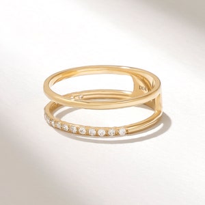 Diamond Double Band Wedding Ring, Solid Gold Half Eternity Ring, Womens ...