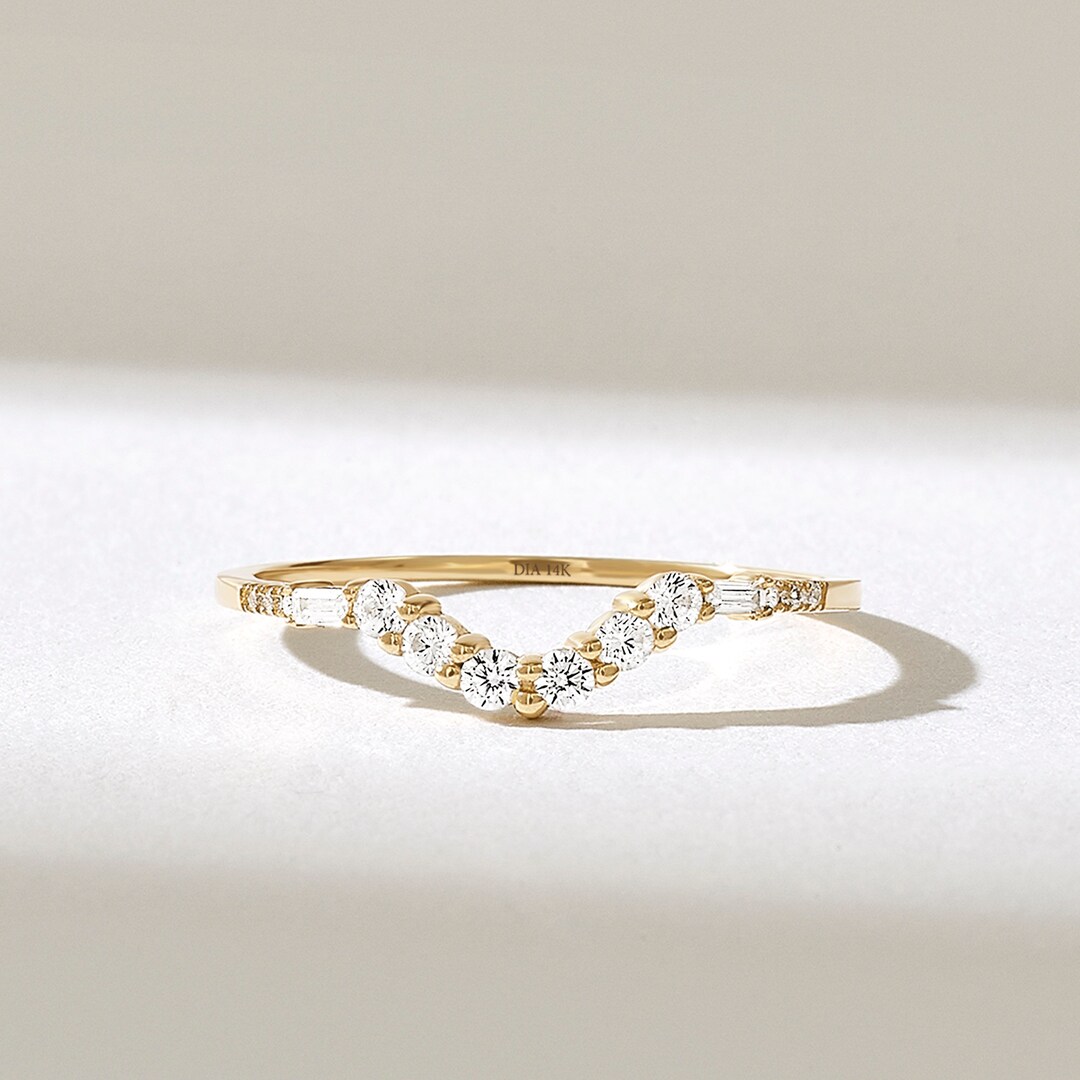 Diamond Curved Wedding Band, 14k Solid Gold Contour Nesting Ring, Half ...