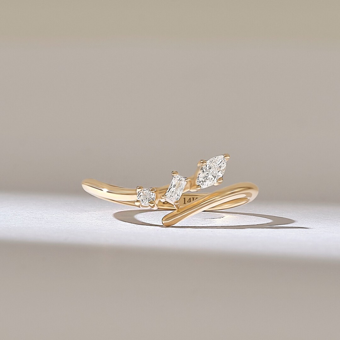 Mixed Cut Diamond Bypass Ring,0.2ct Alternating Egagement Ring in 14k Solid Gold, Wrap Around ...