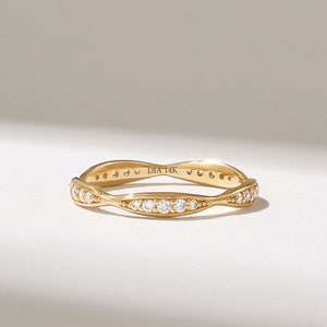 Diamond Pavé Eternity Wedding Ring, 14k Solid Gold Pinched Tapered Band ...