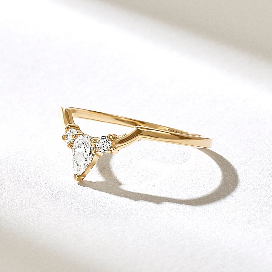 Diamond Crown Stacking Ring 14k Solid Gold Curved Wedding Ring Women Pear Diamond Nesting Ring ...