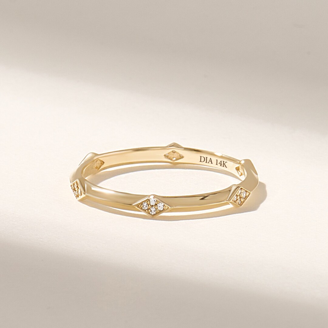 14k Solid Gold Rhombus Diamond Wedding Band • Slim Minimalist Stacking ...