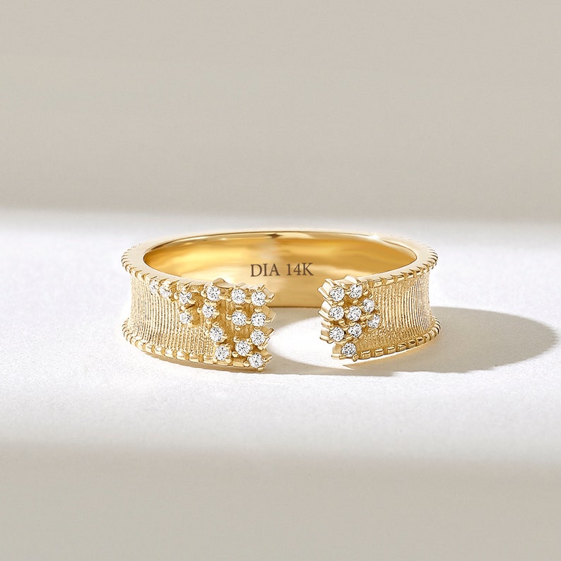 Diamond Wide Cuff Wedding Ring, 14k Solid Gold Thick Cluster Lab ...