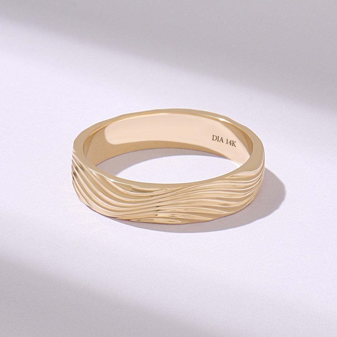 14k Solid Gold Wave Wedding Band, Textured Minimalist Ring for Men or ...
