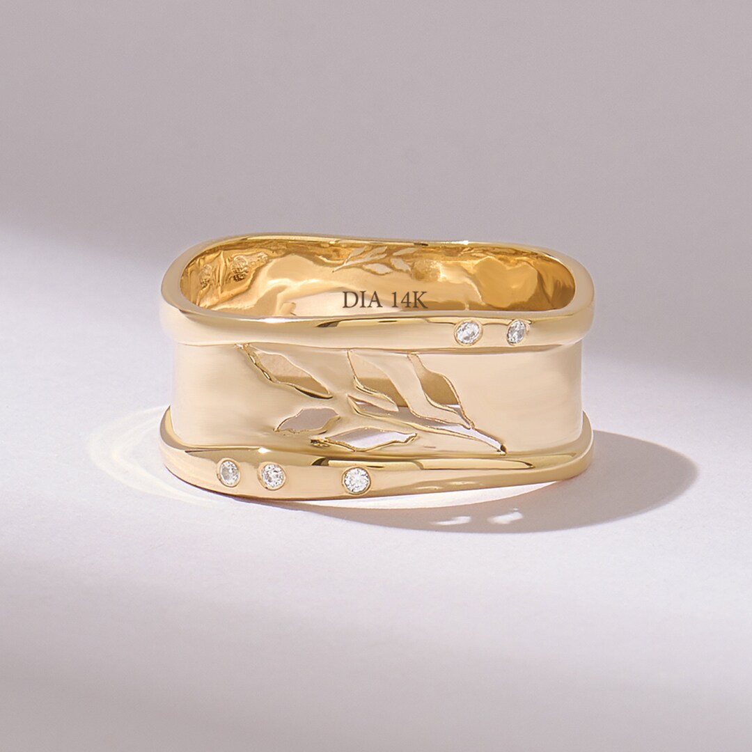 14k Solid Gold Wavy Leaf Band, Tiny Diamond Cigar Band Ring, Bold ...