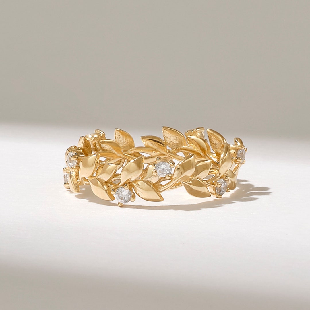 14k Solid Gold Diamond Leaf Ring for Women, Floral Vine Eternity ...