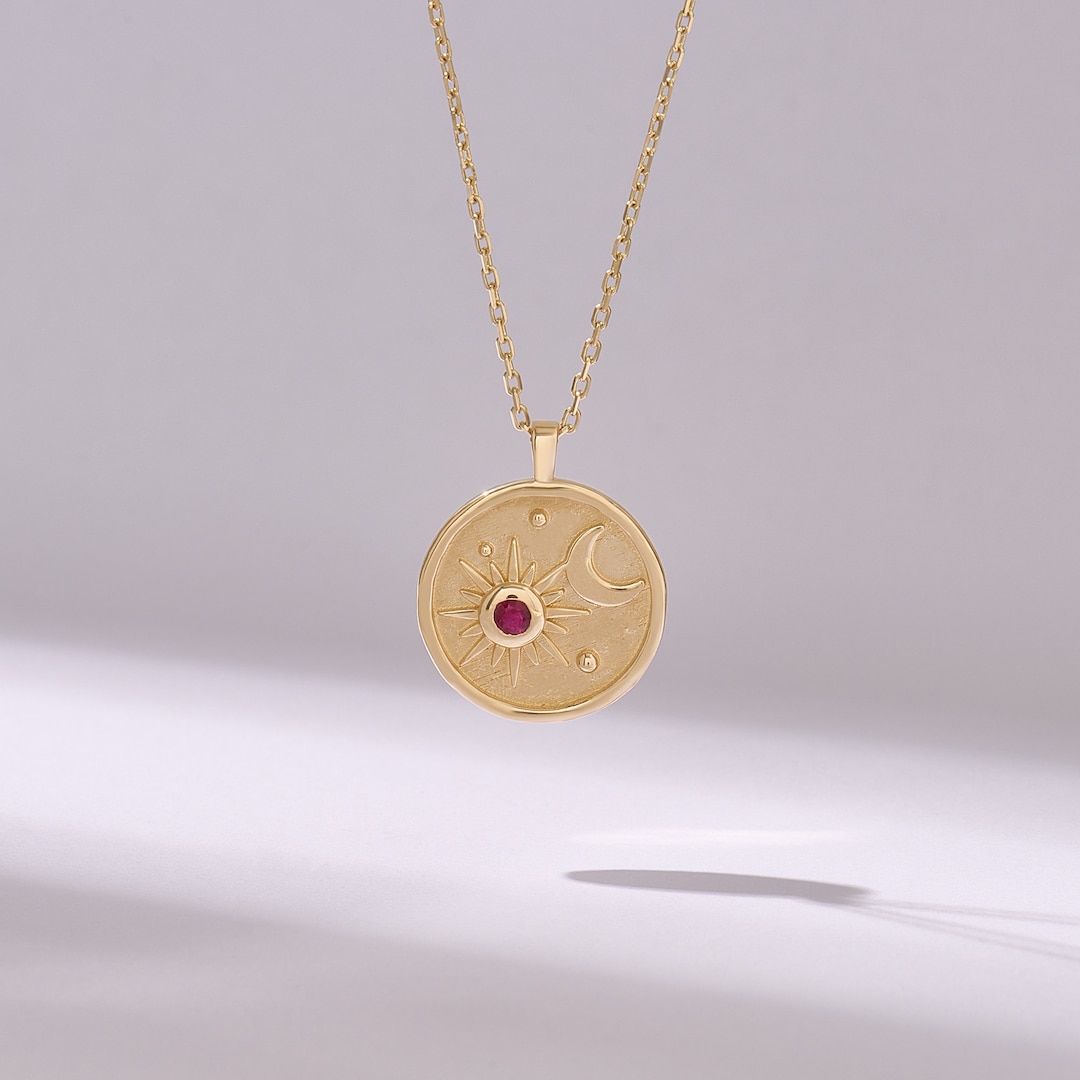 Ruby Moon & Star Circle Charm Necklace, 14k Solid Yellow Gold Coin ...
