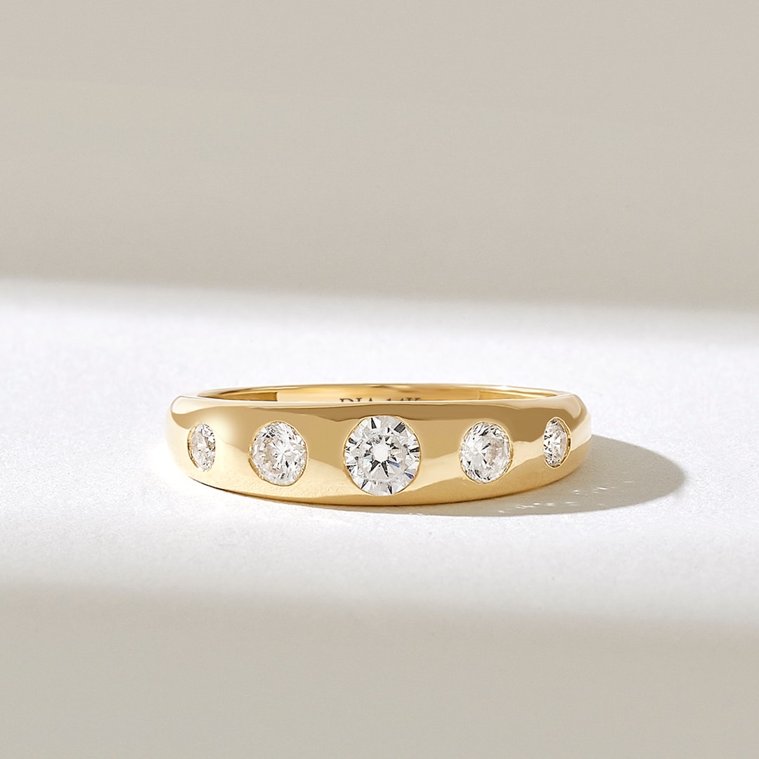 Bezel Diamond Wedding Ring – 14k Solid Gold Dome Band With 5 Flush-set ...