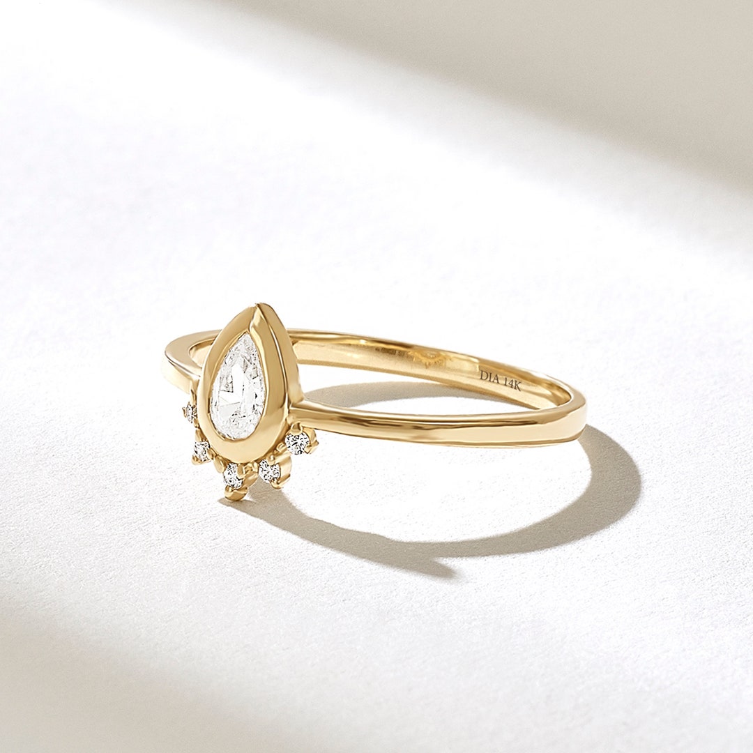 Pear Diamond Tiara Ring 14k 18k 10k Solid Gold Engagement Ring Bezel ...