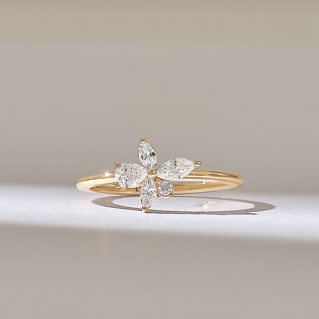 14k Flower Promise Ring, Mixed Cut Diamond Proposal Ring, Solid Gold ...