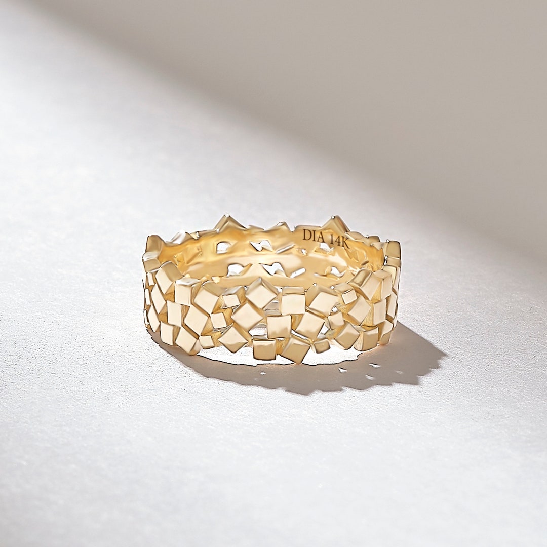 Unique Cigar Wedding Band 14k Gold Wide Squares Band Rings - Etsy