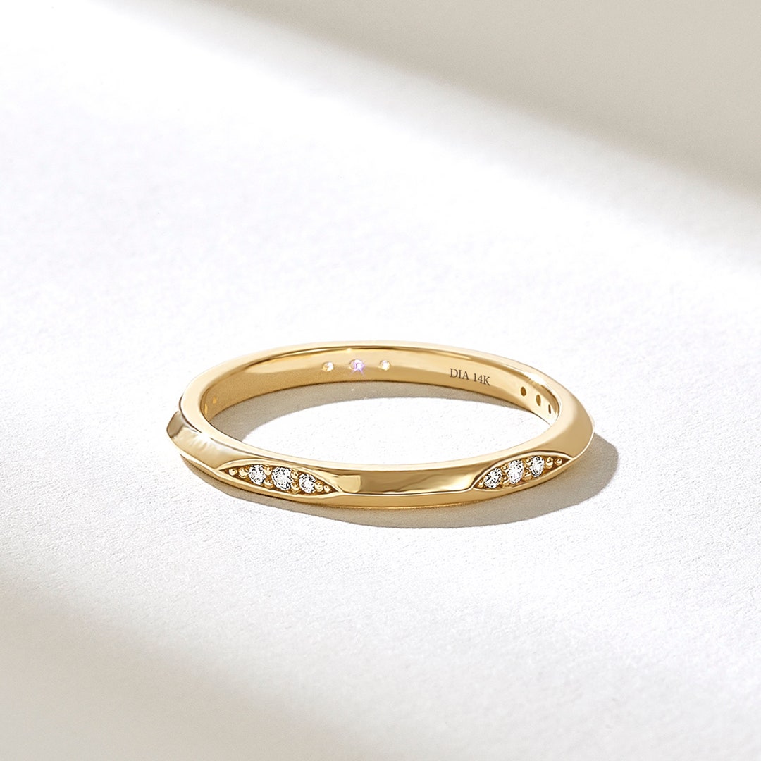 Pave Diamond Art Deco Wedding Ring, Solid Gold Eternity Matching Band ...