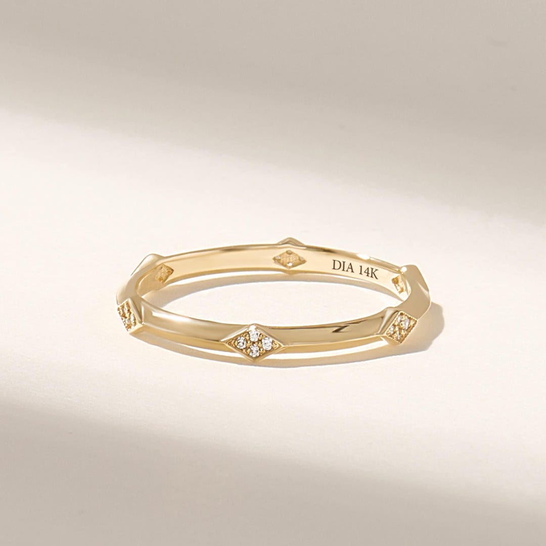 14K Solid Gold Rhombus Diamond Wedding Band, Slim Minimalist Stacking ...