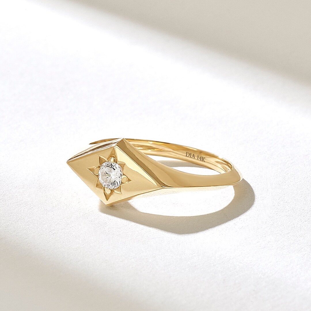 Rhombus Northstar Signet Ring | 14k Solid Gold Celestial Pinky Ring | Tiny Diamond Bold Signet ...