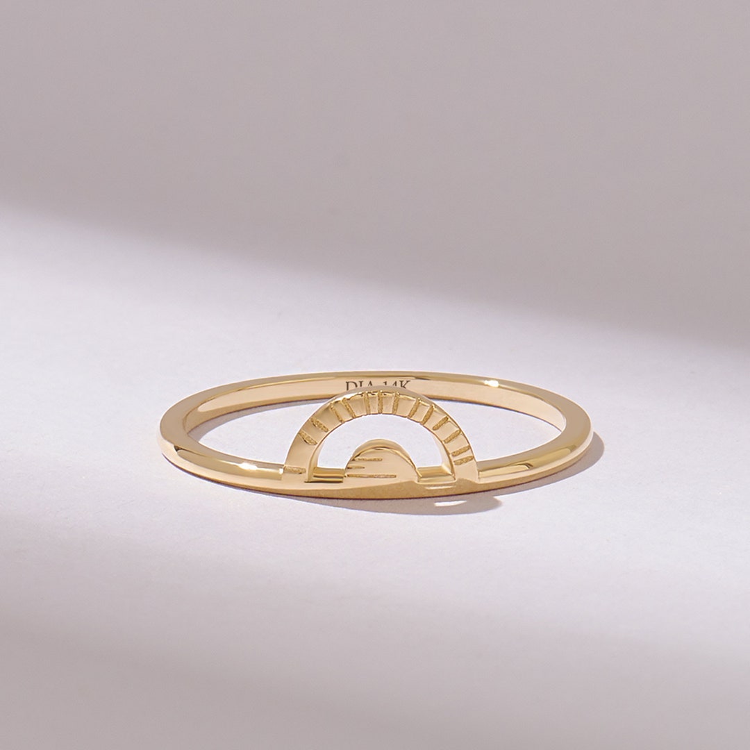 14k Solid Gold Boho Sun Signet Ring, Dainty Sunburst Statement Ring ...