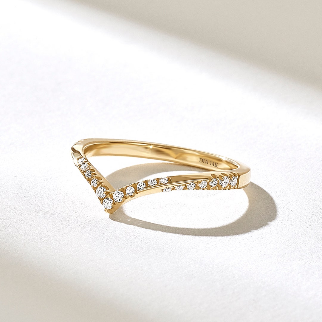 Twisted Pave Diamond Chevron Ring, 14k Solid Gold Wishbone Wedding Band ...