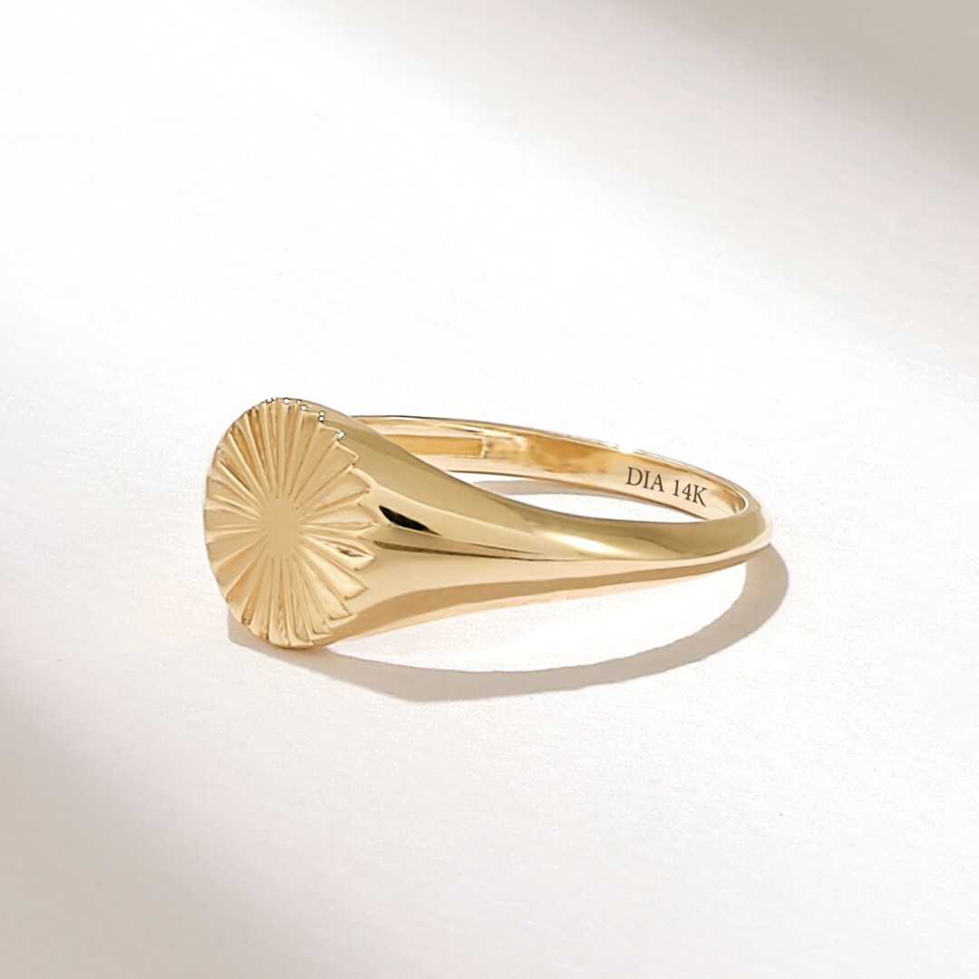14k Solid Gold Sun Signet Ring Wide Little Finger Ring Womens Bold ...