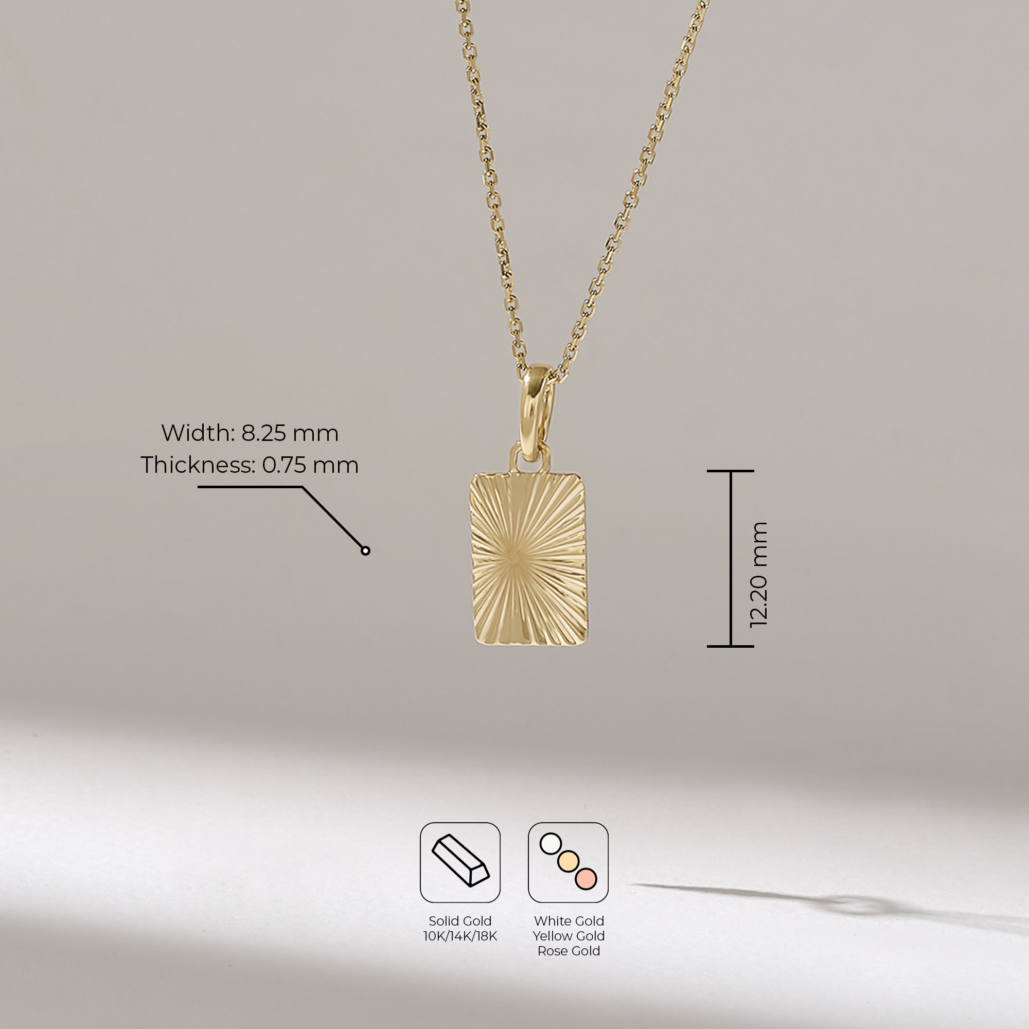 Rectangle Solid Gold Pendant Necklace 14k Gold Sun Pendant With 3mm ...