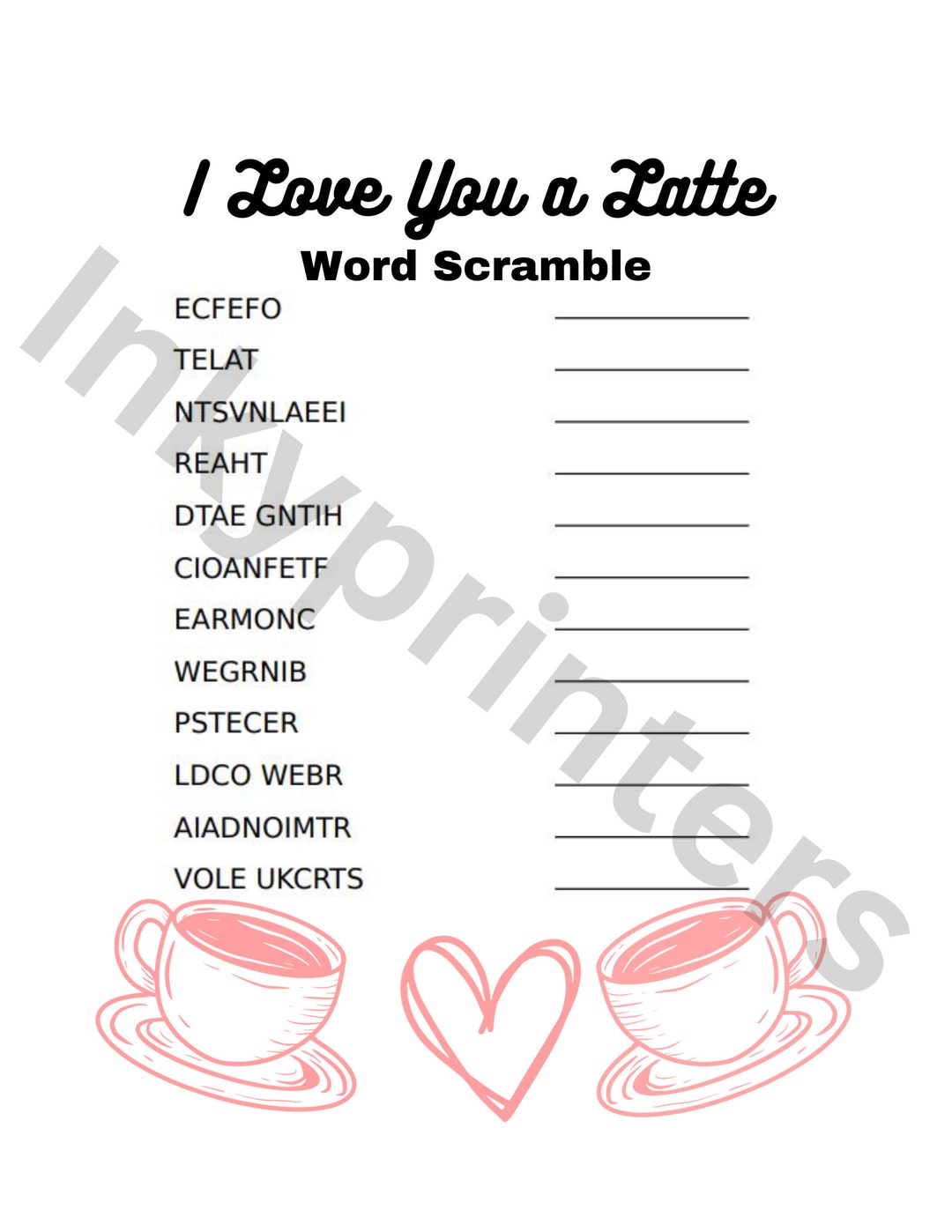 I Love You a Latte Word Scramble Valentine's Day Activity Worksheet for ...